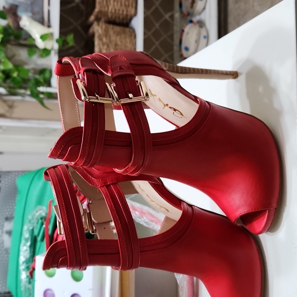 Shoes | Xyd Red Peep Toe Ankle Bootie High Heels Buckled Double Straps ...